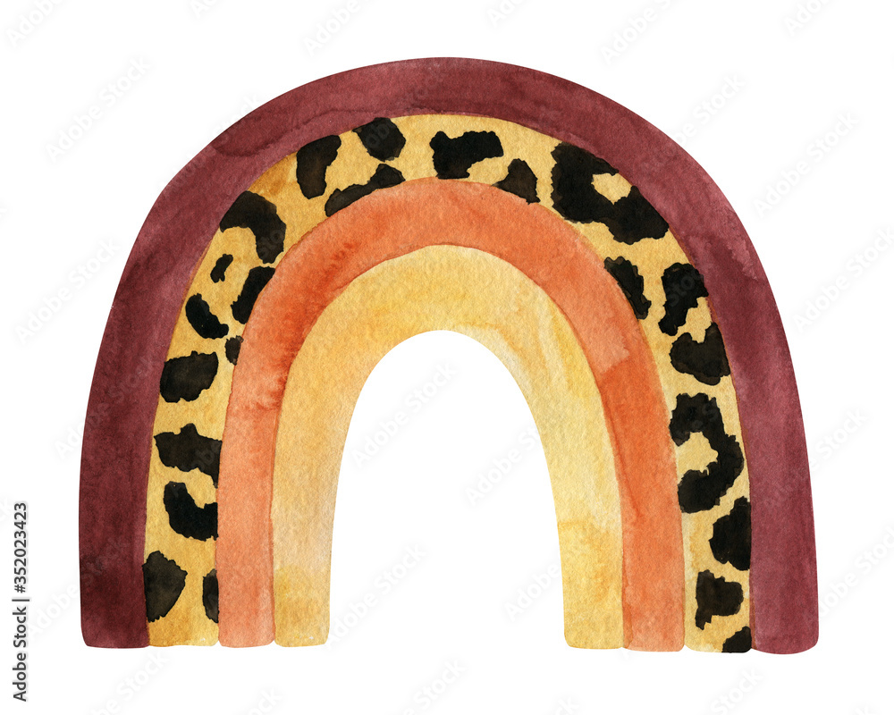 Watercolor rainbow with leopard print on isolated white background ...