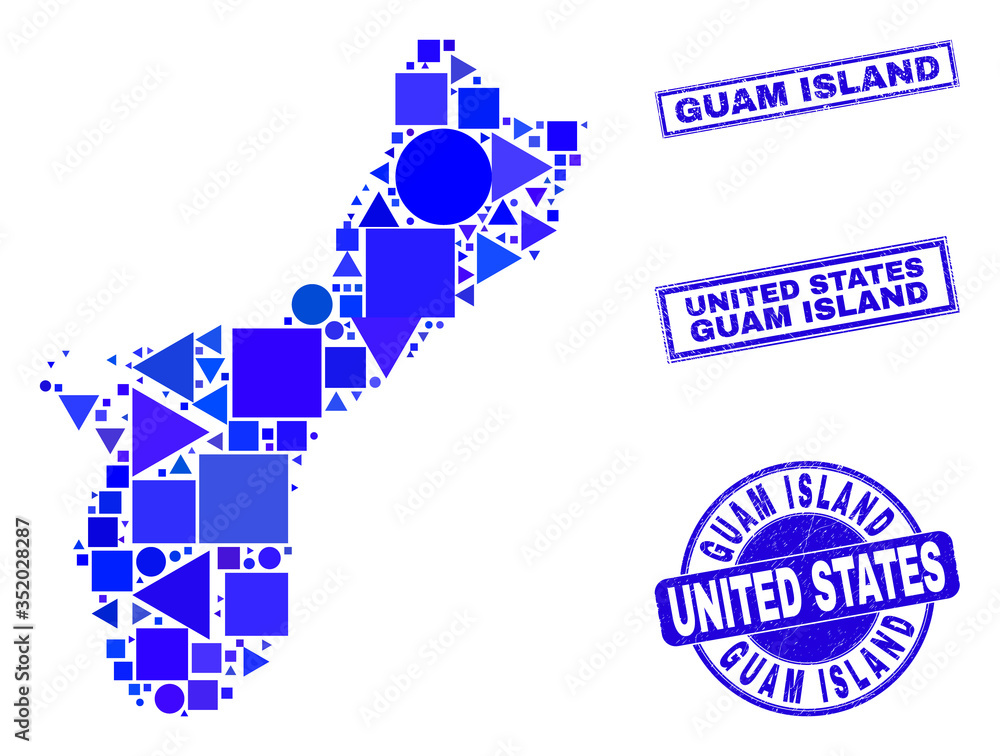 Vector mosaic Guam Island map. Geographic plan in blue color shades ...