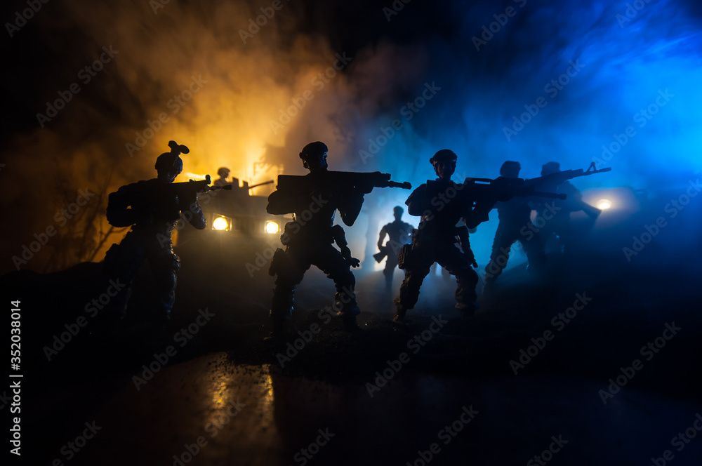 War Concept. Battle scene on war fog sky background, Fighting ...