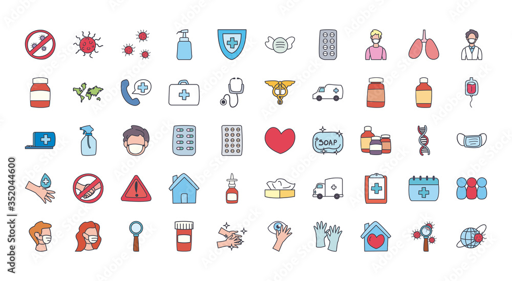 Medical care and covid 19 virus flat style icon set vector design Stock ...