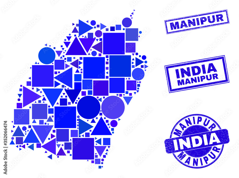 Vector mosaic Manipur State map. Geographic collage in blue color hues ...