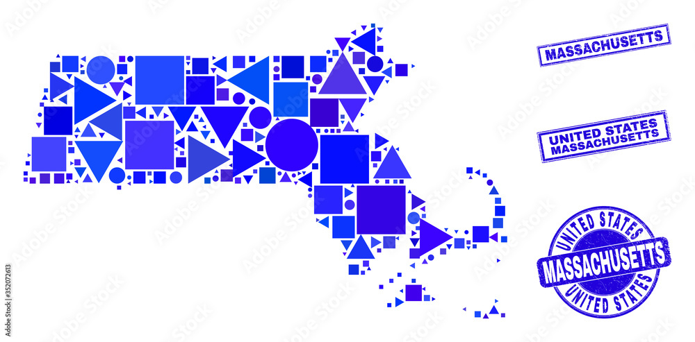 Vector mosaic Massachusetts State map. Geographic plan in blue color ...