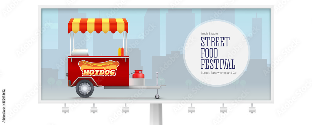 Billboard with fast food cart on backdrop of big city. Template for ...