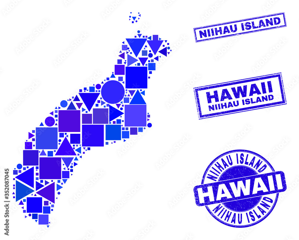 Vector mosaic Niihau Island map. Geographic collage in blue color tints ...