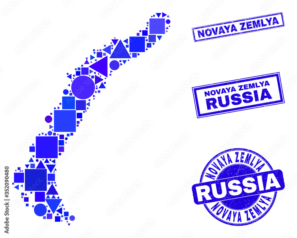 Vector mosaic Novaya Zemlya Islands map. Geographic collage in blue ...