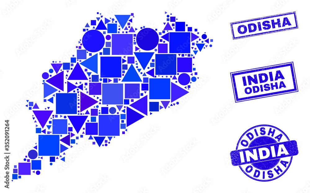 Vector mosaic Odisha State map. Geographic scheme in blue color shades ...