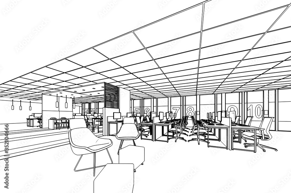 interior outline sketch drawing perspective of a space office Stock ...