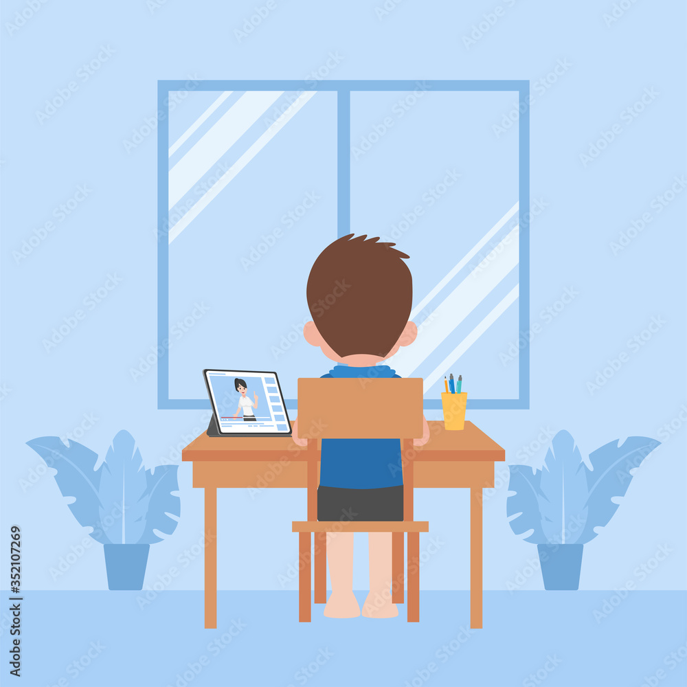 Children in new normal life studying lessons distance education at home ...
