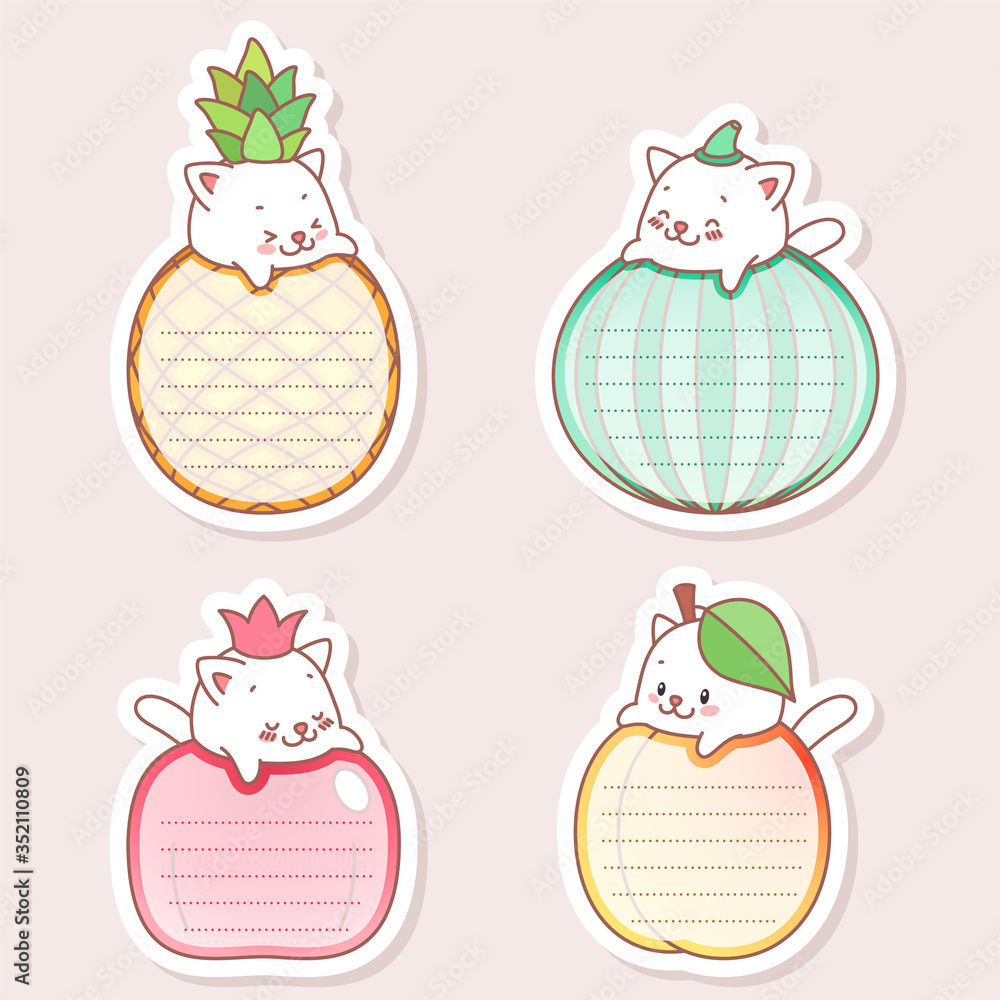 Kawaii notebook page templates. Memo pads in the shape of fruits with ...