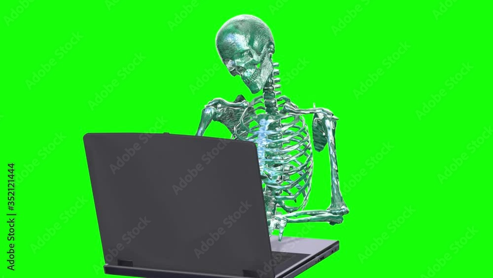 4k 3d animation of a silver skeleton typing on a laptop computer ...