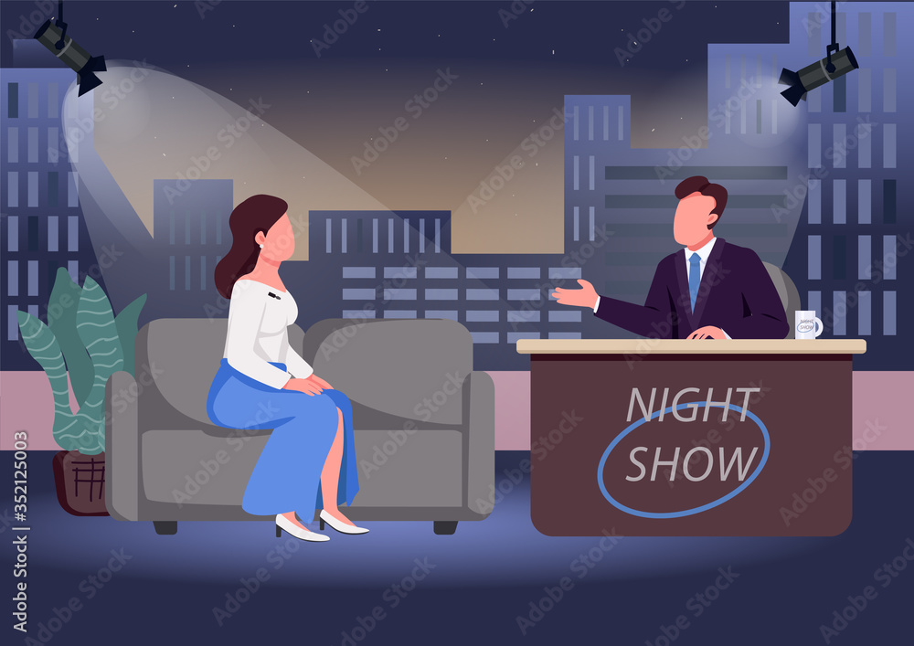 Night show flat color vector illustration. Chat show host and famous ...
