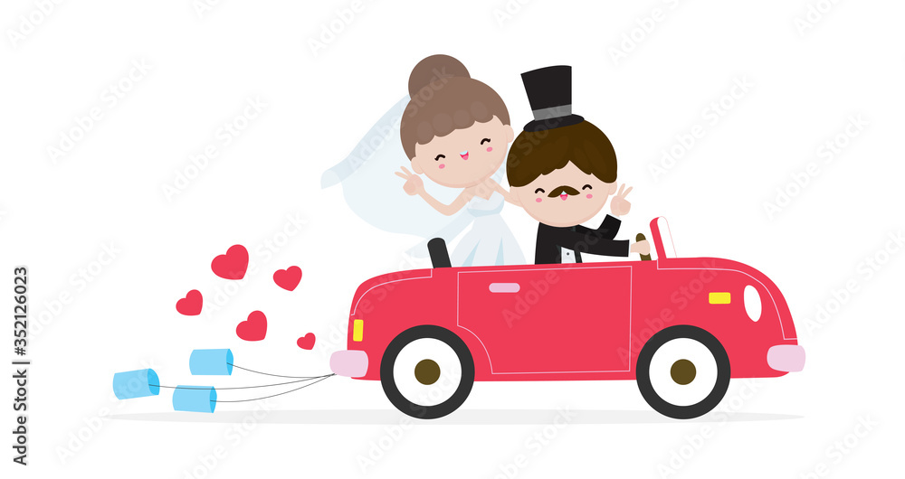 ust married couple in wedding car, bride and groom on a roadtrip in car ...