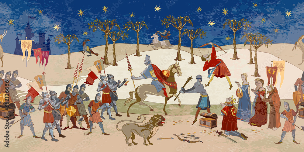 Medieval battle scene. Seamless pattern. Crusaders warriors and ...