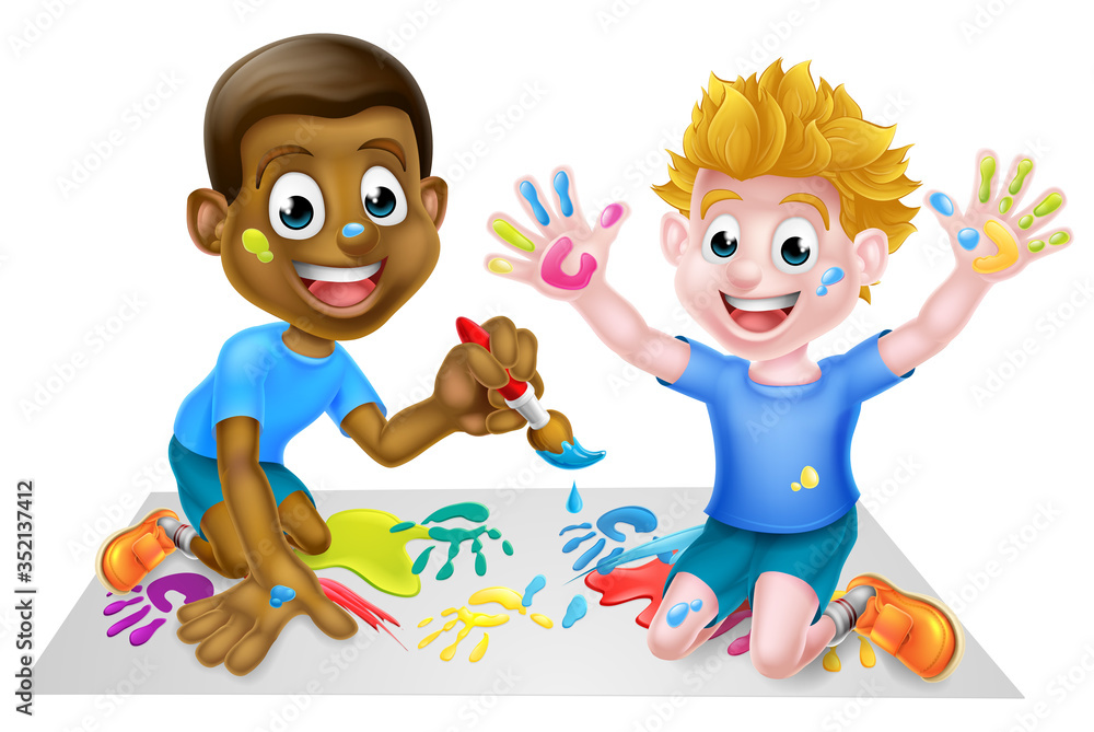 Cartoon little boy kids playing with paints getting messy Stock Vector ...