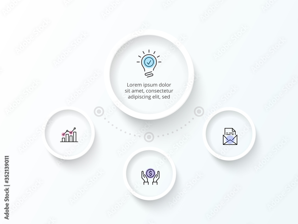 White infographic design template. Flowchart with four circle elements ...