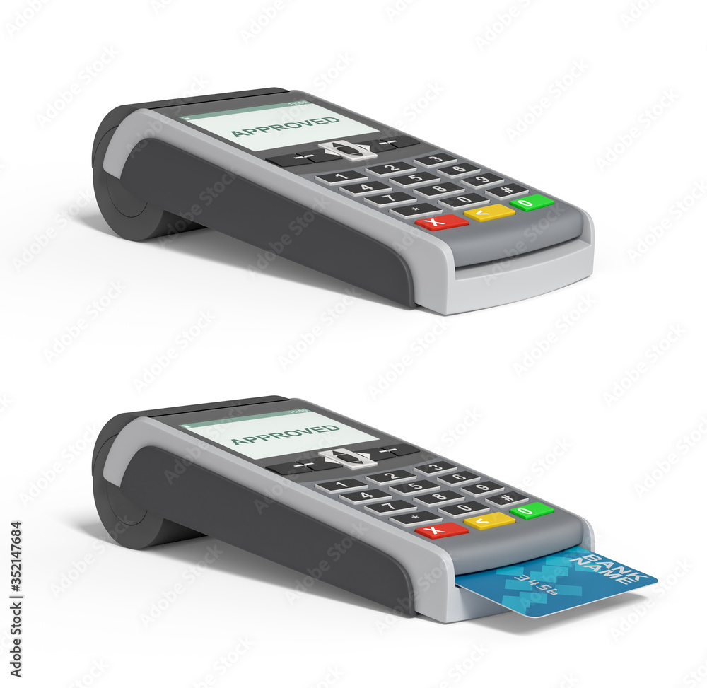 POS payment terminal with a generic plastic card inside and a screen ...