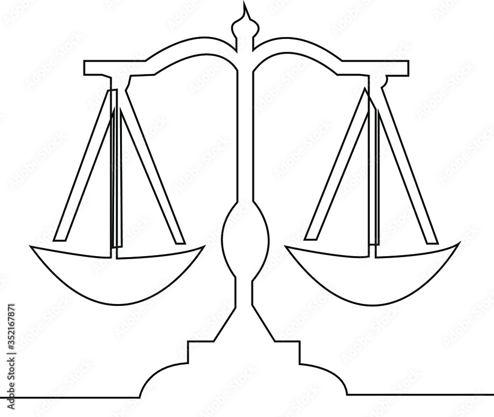 Continuous line drawing of scales of justice isolated on a white ...