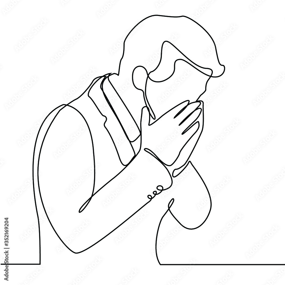 continuous line drawing of men feel bad and cough isolated on a white ...