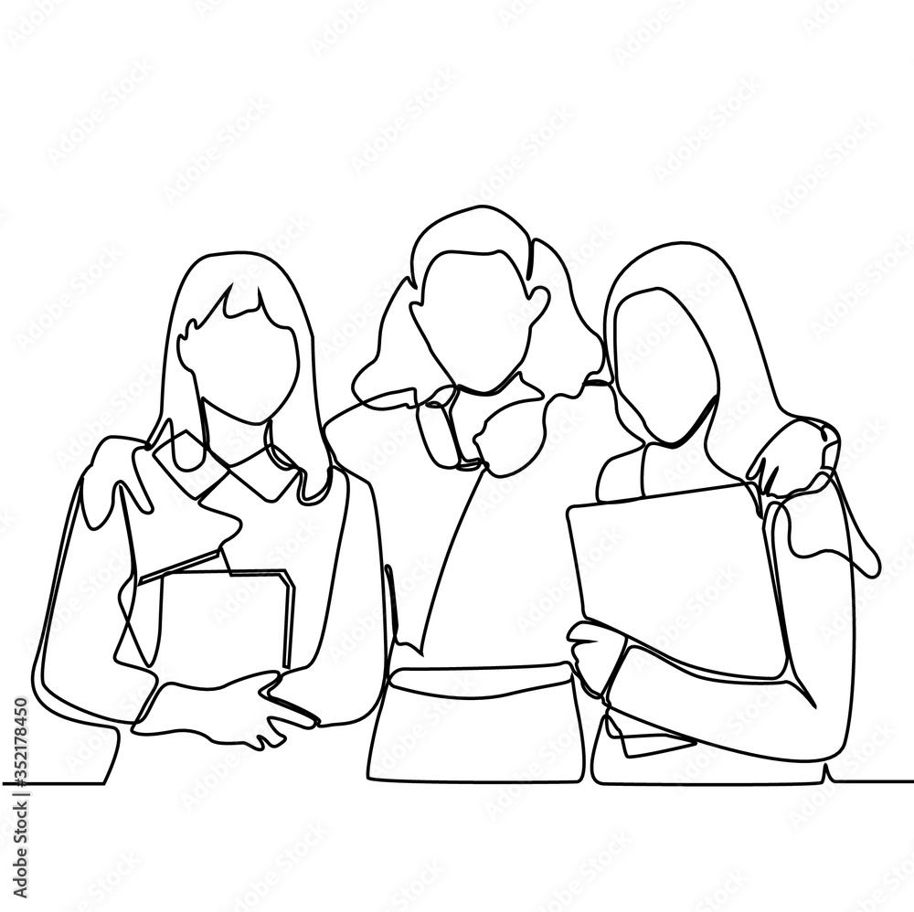 Continuous line drawing of some friends are hugging and celebrating as ...