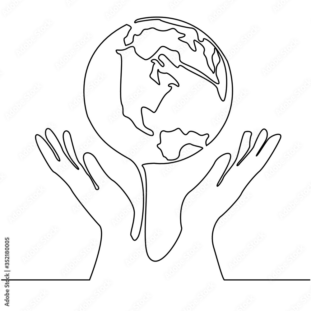 continuous line drawing of two hands holding the globe on the palm of ...