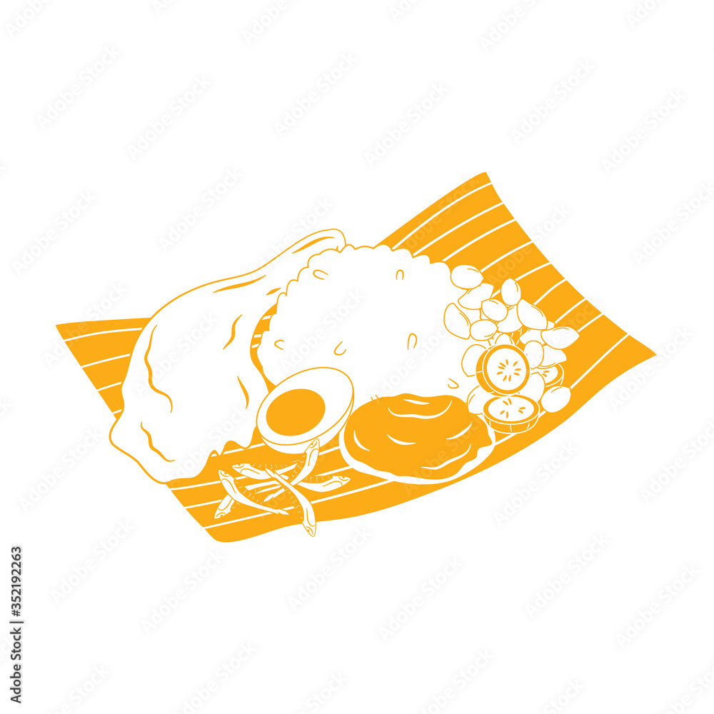 Hand drawn Malaysian nasi lemak outline isolated on white background ...