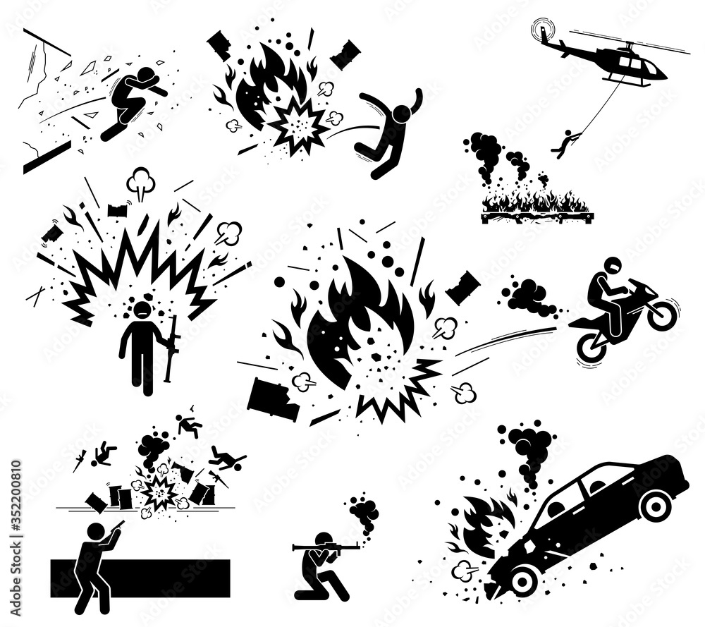 Vetor de Movie action hero bomb explosion scene. Vector of man escape ...