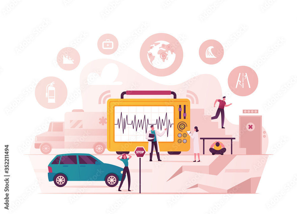 Earthquake Concept Characters Evacuating from Crashing Buildings ...