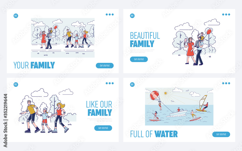Happy family concept. Set of template landing pages with cartoon ...