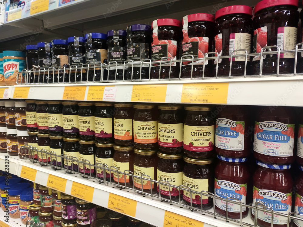 SEREMBAN, MALAYSIA -MARCH 15, 2020: A variety of fruit jams are on ...