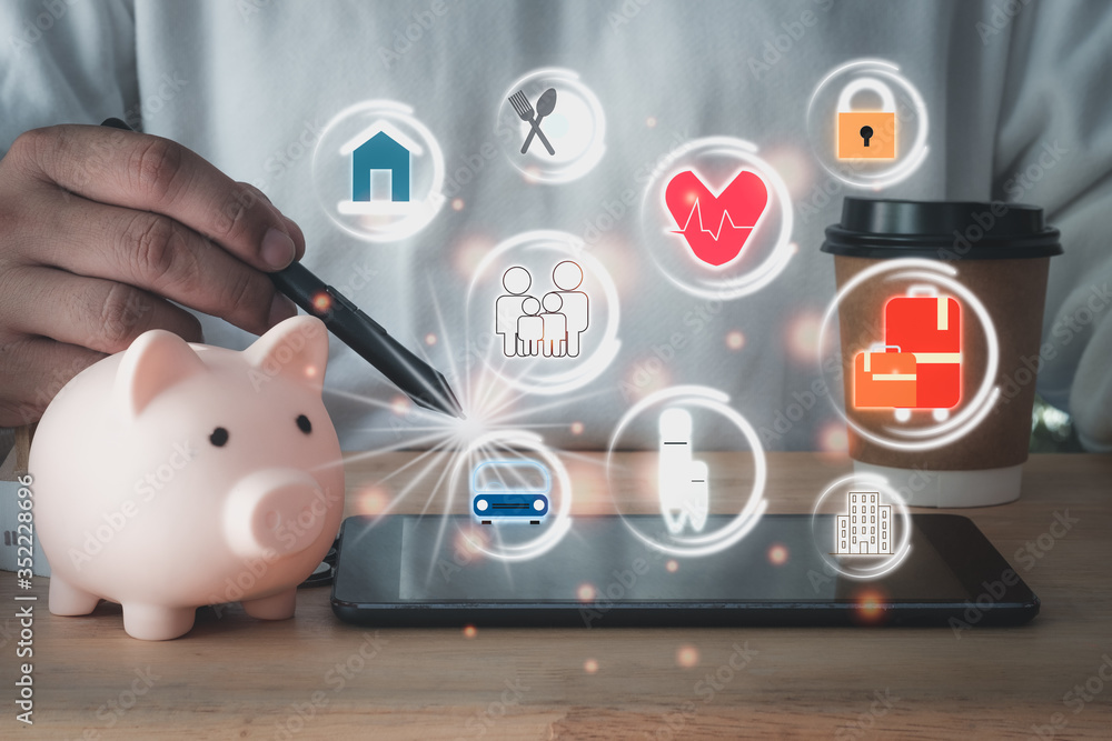 Planning family future on screen with icon of living Stock Photo ...