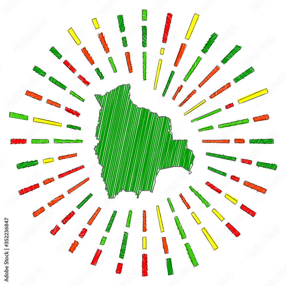 Sketch map of Bolivia. Sunburst around the country in flag colors. Hand ...