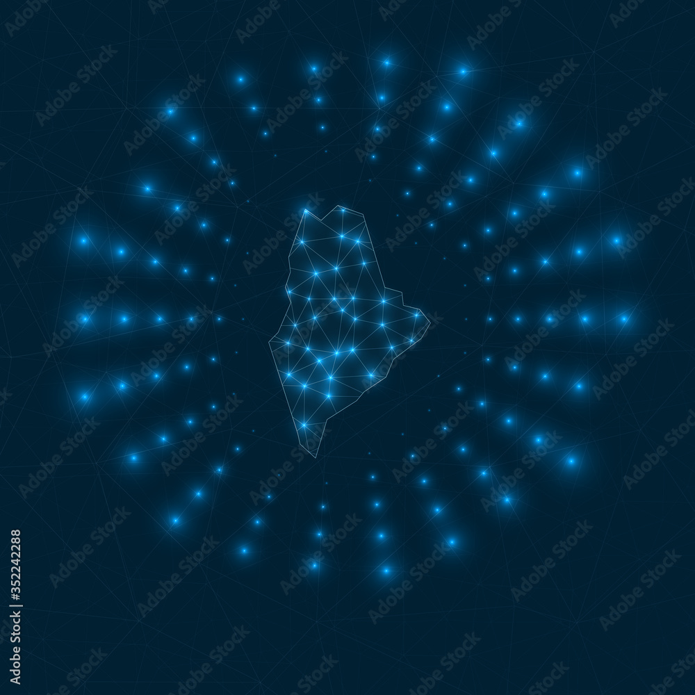 Maine digital map. Glowing rays radiating from the us state. Network ...