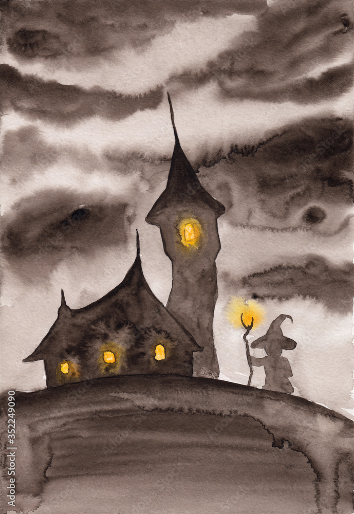 Stock watercolor halloween picture of mage house with tower. Cloudy ...