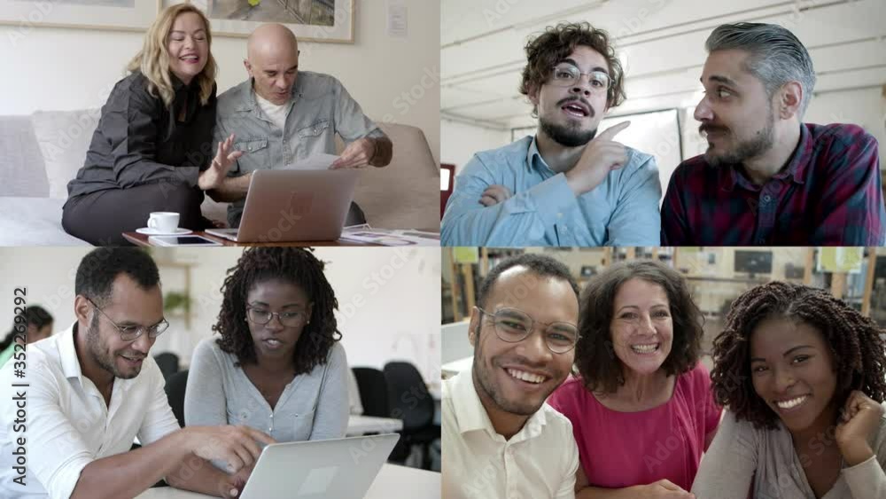 Positive diverse people of different ages waving hello at computer ...