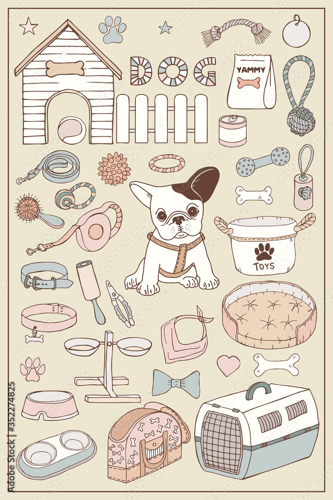 French bulldog and dog items set. Hand draw doodle vector graphics ...