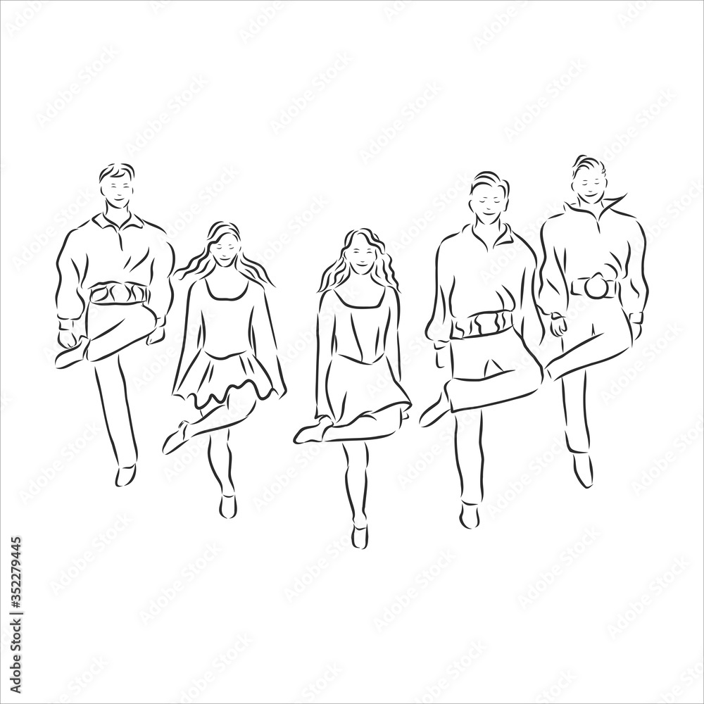 Irish Dance Troupe Jumping Together in Traditional Dresses and Ghillies ...