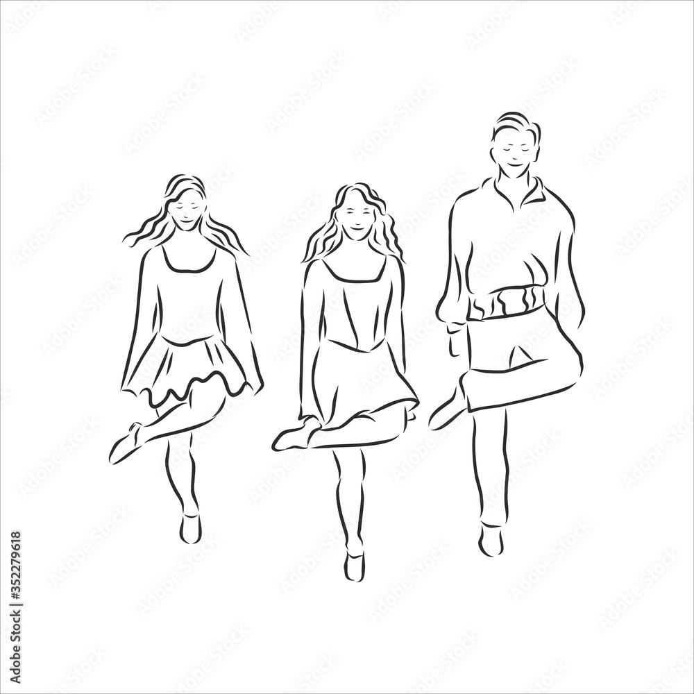 Irish Dance Troupe Jumping Together in Traditional Dresses and Ghillies ...