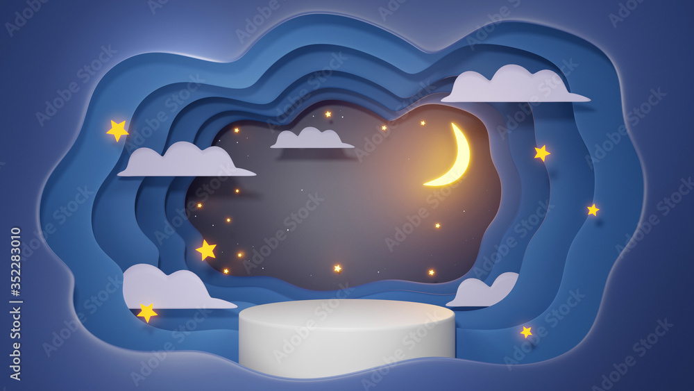 3d render product display podium on paper cut style.round circle white ...