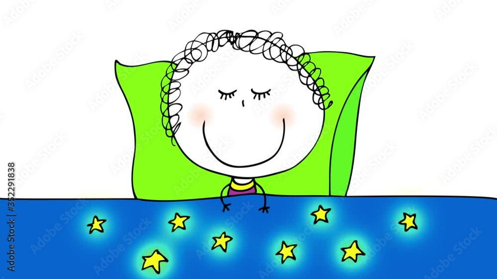 blue comforter with golden stars design covering a little happy girl ...