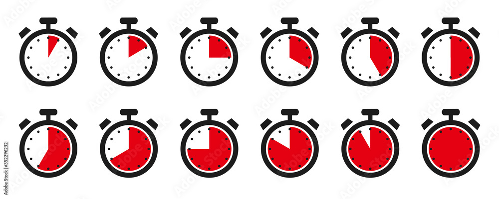 Timer, clock, stopwatch isolated set icons with different time. Sport ...