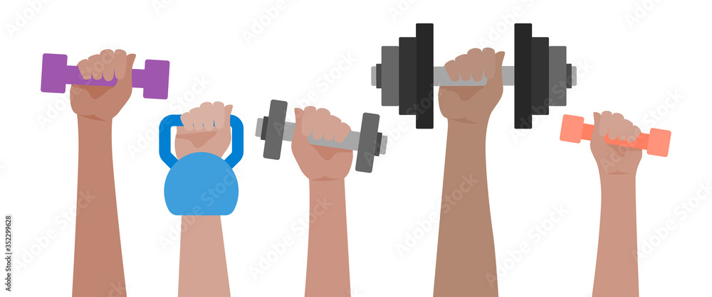 Gym people workout with dumbbells.Vector illustration of hands holding ...
