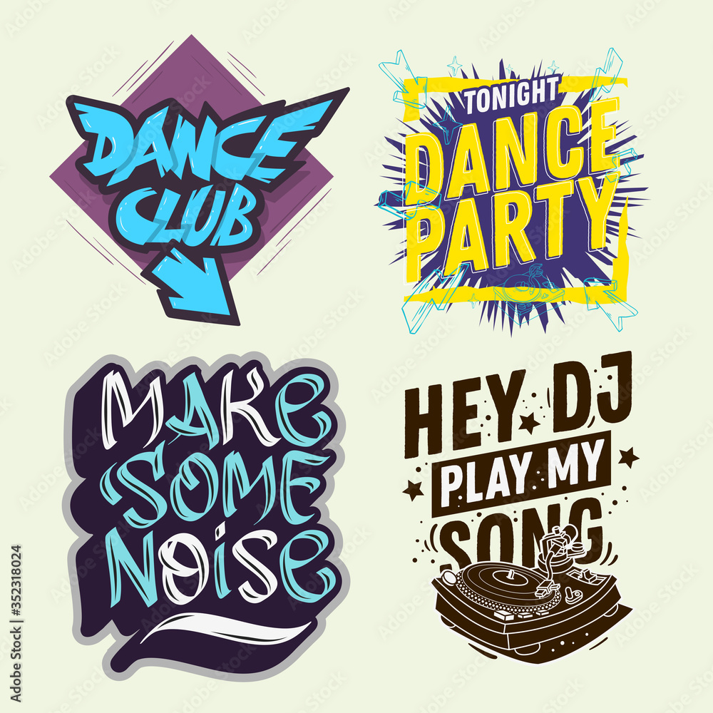 Dj Party Hand Lettering Vector Illustrations Set Designs. Stock Vector ...