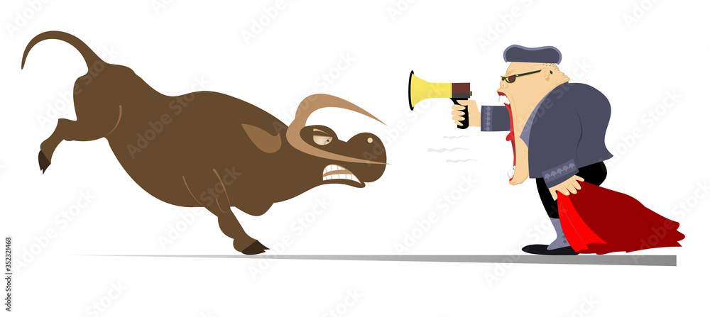 Cartoon bullfighter shouts at the angry bull illustration. Cartoon ...