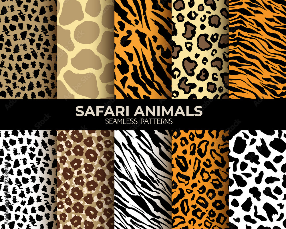 Animal fur seamless patterns set, leopard, tiger and zebra vector ...
