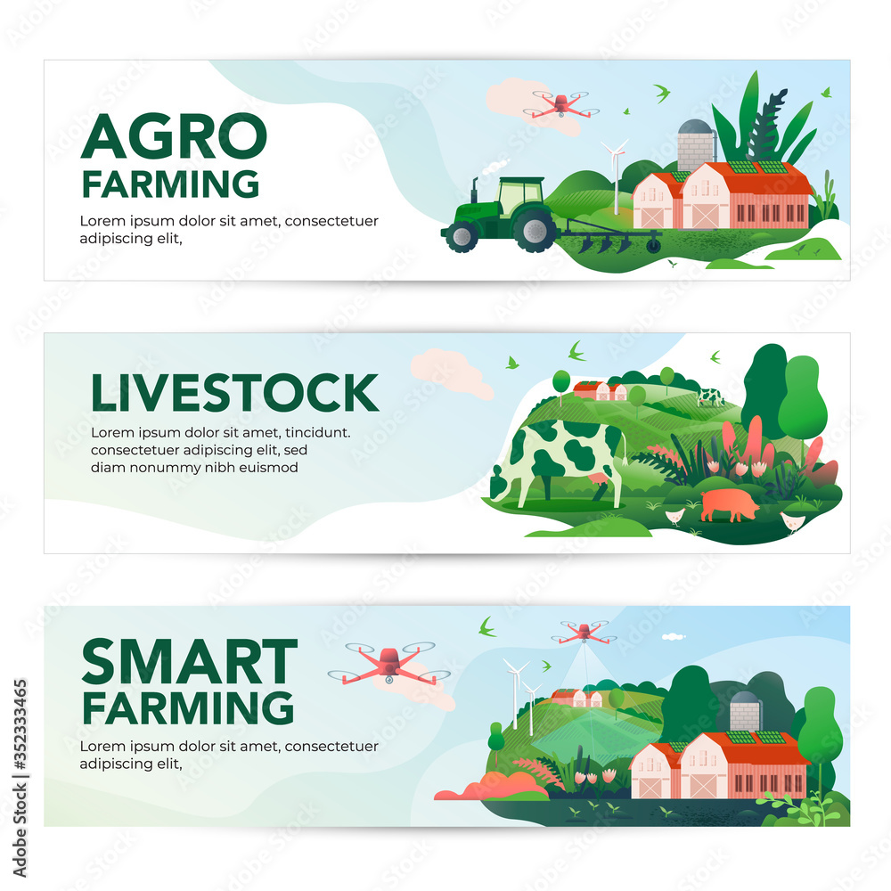 Set of banners with a tractor in a field, cows in a pasture, and a ...