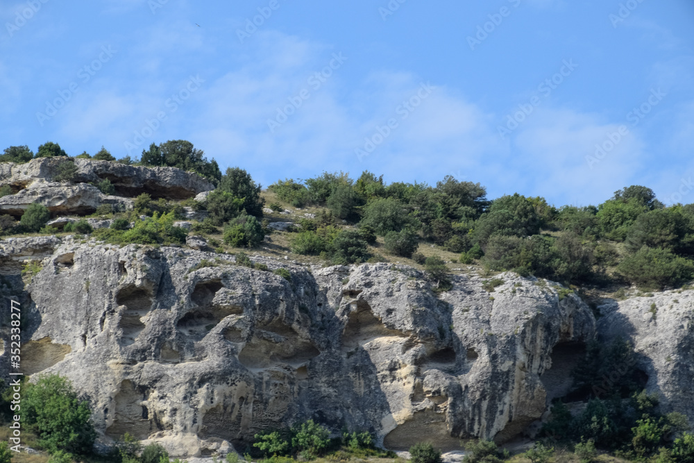 Limestone cliffs with sample of material, limestone erosion in the ...