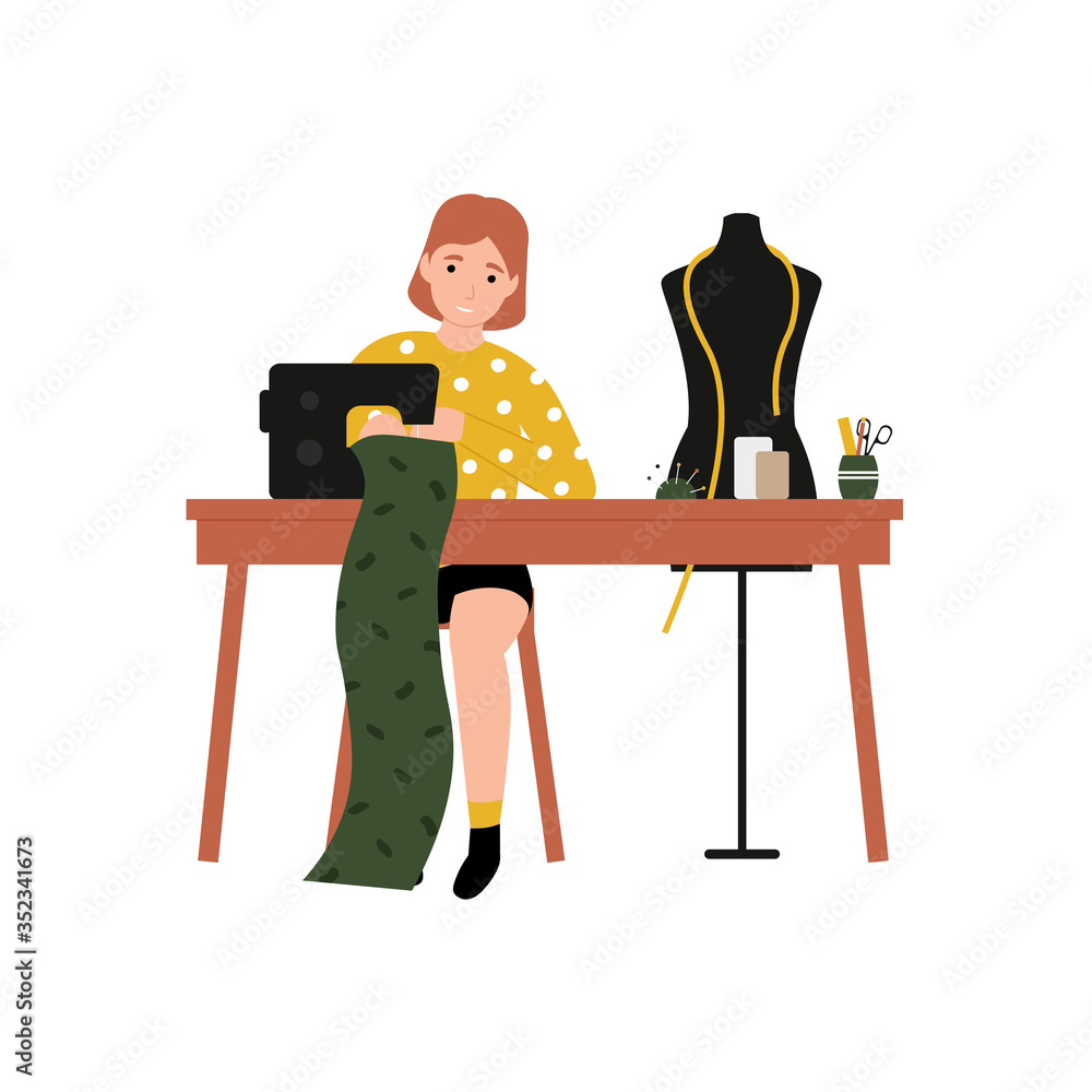 Girl at a sewing machine sews clothes. Flat vector cartoon modern ...