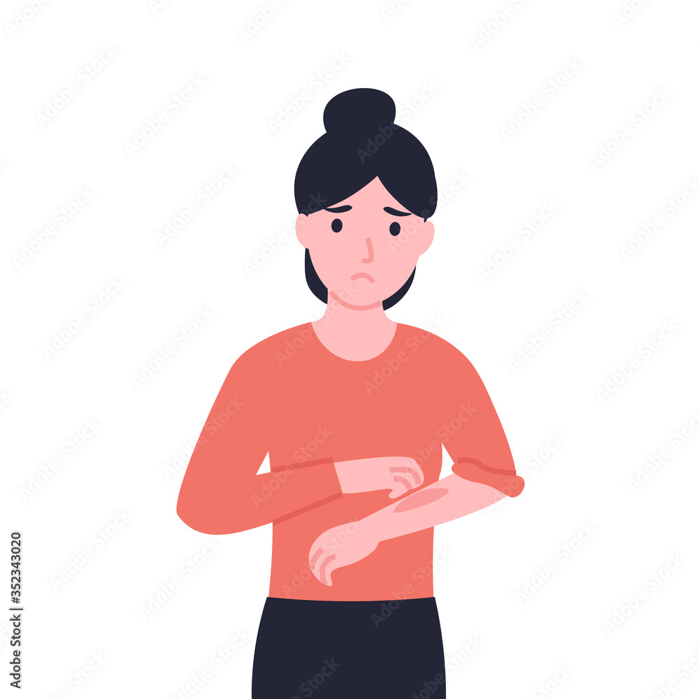 Woman scratches her wrist. Local itching on the arm, allergic itching ...