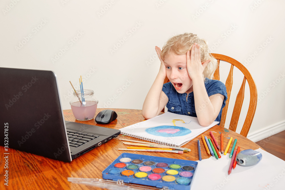 Girl child learning art lesson online on laptop Internet. Virtual ...