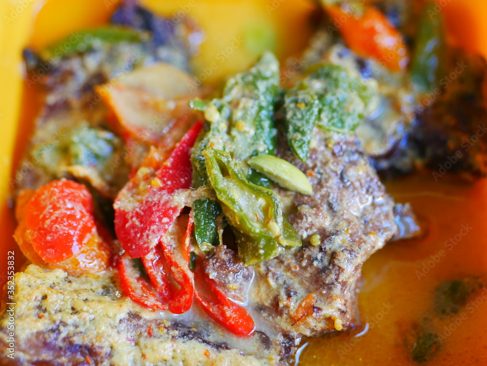 Mangut pe fish on box. It is traditional food from indonesia made from ...